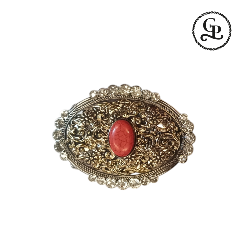 Hebilla unisex rameada con piedra roja color oro - PRIMERA
